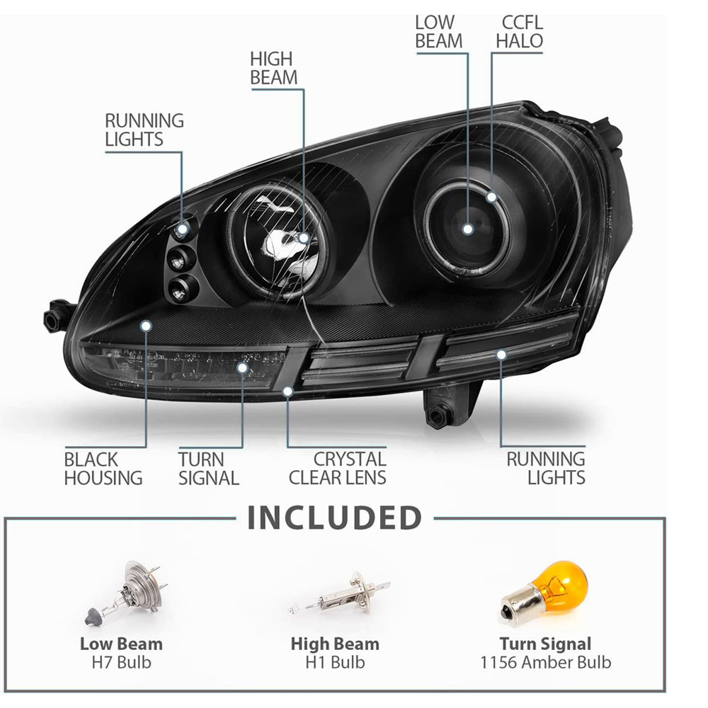 06-09 Volkswagen Golf / Rabbit / GTI CCFL Halo Projector Headlights - Black