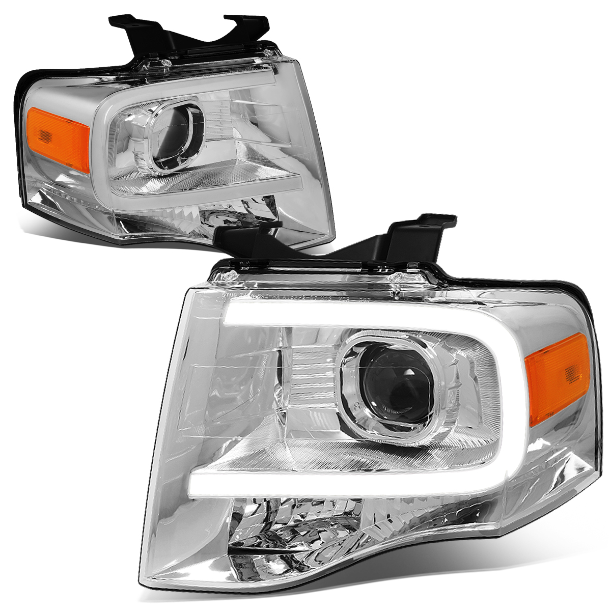 07-14 Ford Expedition LED DRL Tube Projector Headlights - Chrome / Amber