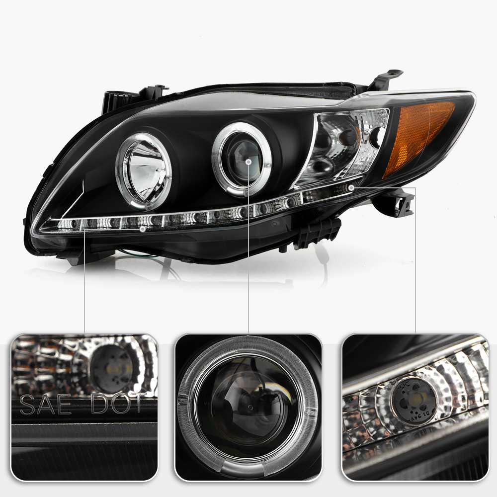09-10 Toyota Corolla Angel Eye Halo & DRL LED Projector Headlights ...