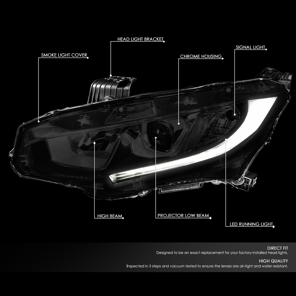 Honda Civic Headlights Smoked Housing LED DRL Projector Headlights For ...