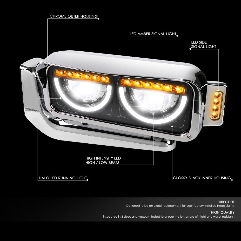 1981-2021 Peterbilt 359 379 389 LED Halo Ring DRL + Signal Headlights ...