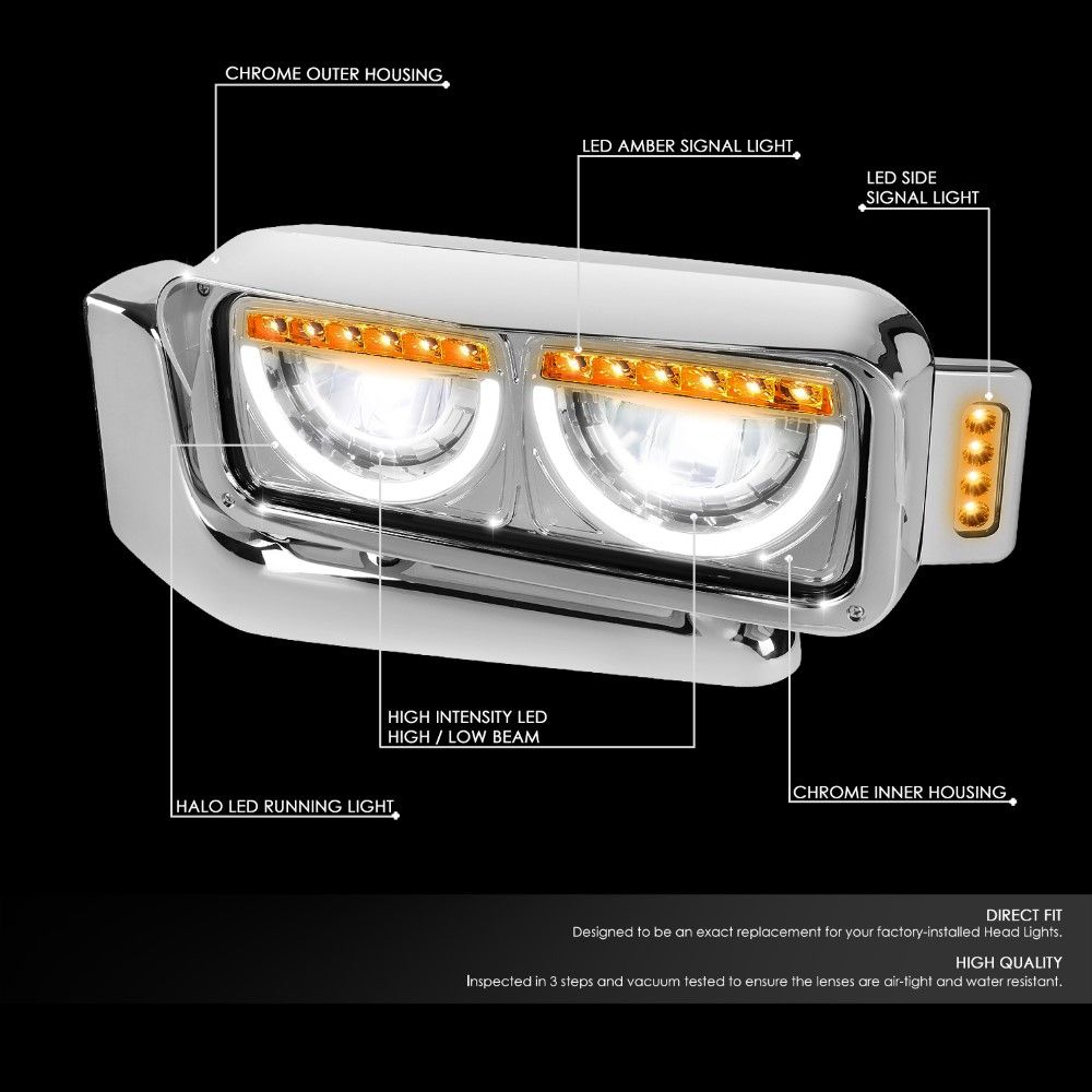 1981-2021 Peterbilt 359 379 389 LED Halo Ring DRL + Signal Headlights [w/ Side Signal LED ...