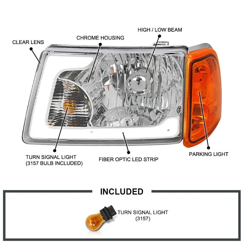 2001-2011 Ford Ranger Chrome Headlights+Amber Corner Lamps w/ LED Tube ...