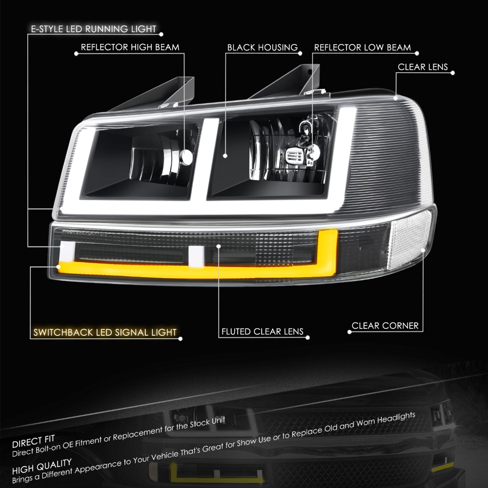 2003 2023 Chevy Express GMC Savana Switchback E Shape LED DRL Headlights Black Housing Clear Lens Clear Side Markers HL LB4 CEGS03 4P BK CL1 DNA Motoring