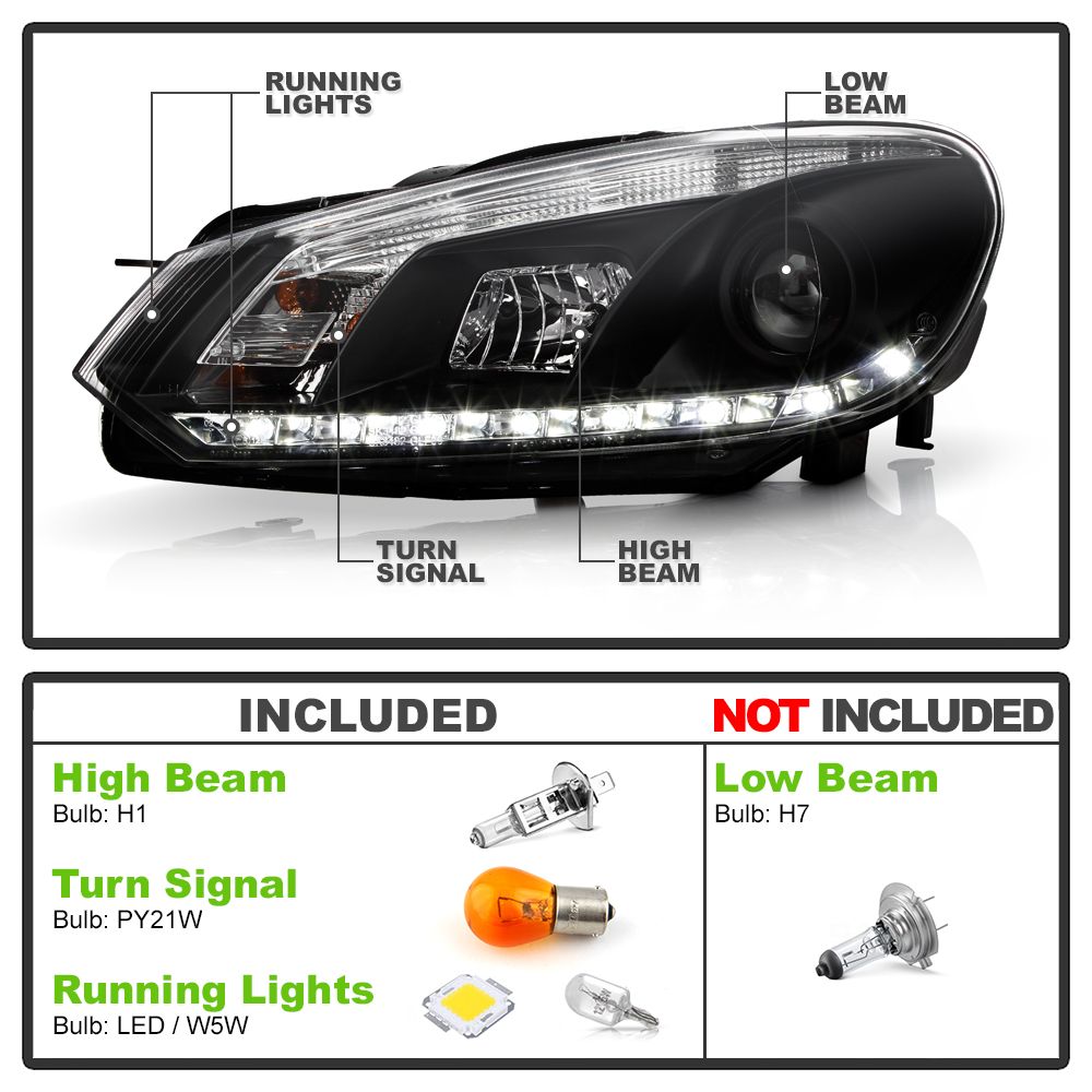 2010-2014 Volkswagen Golf / GTI R8 Style LED Strip Projector Headlights ...