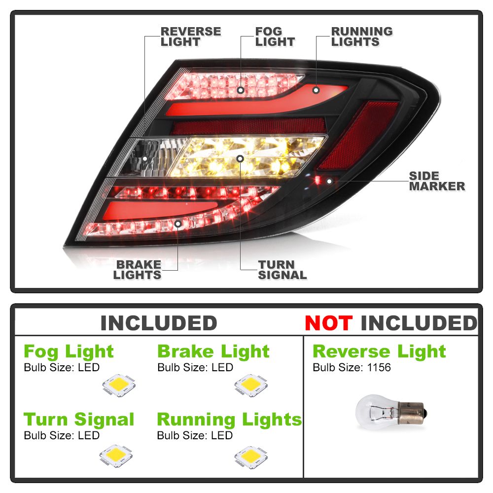 2011-2014 Mercedes Benz W204 C-Class Euro Style LED Tail Lights - Black