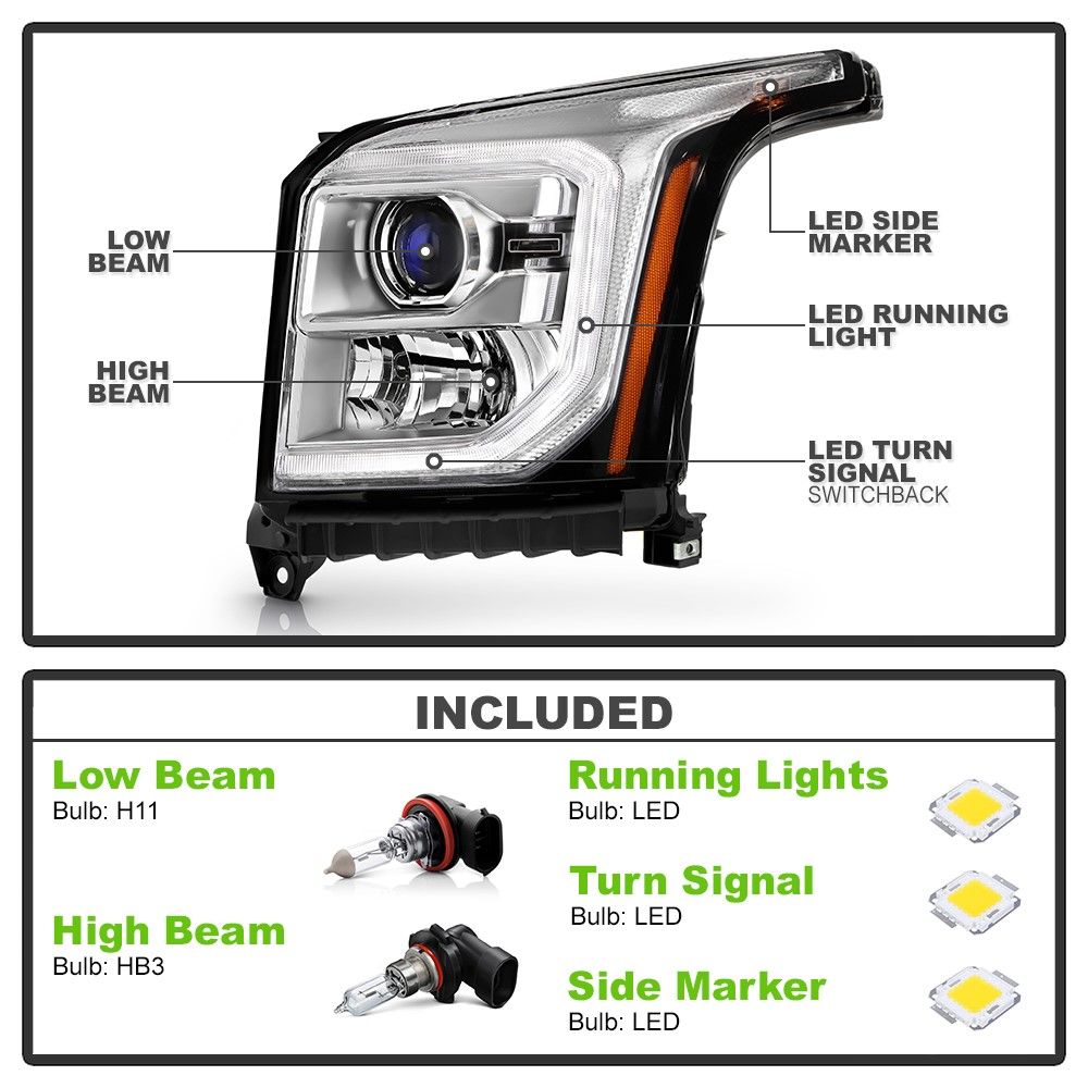 2015-2017 GMC Yukon XL Replacement Halogen Projector Headlight with LED ...