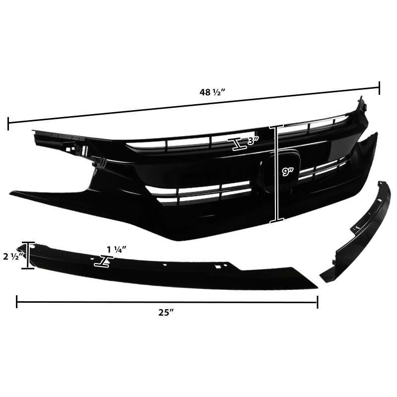2016-2018 Honda Civic Glossy Black 10th Gen Factory OE Style Front Grille