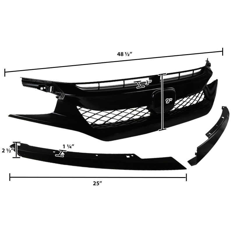 2016-2018 Honda Civic Glossy Black Polished Type R Style Mesh Front ...