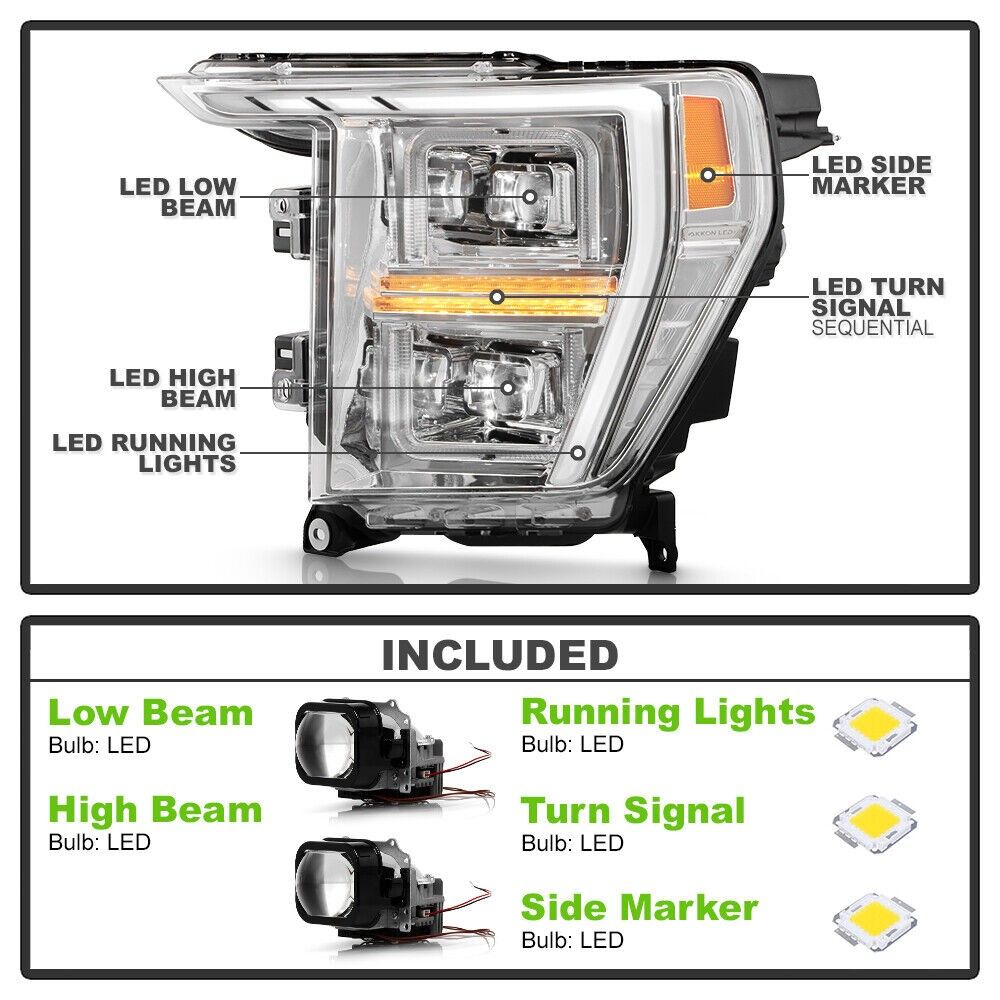 2021-2023 Ford F150 Chrome Full LED Projector Headlights w/ Sequential ...