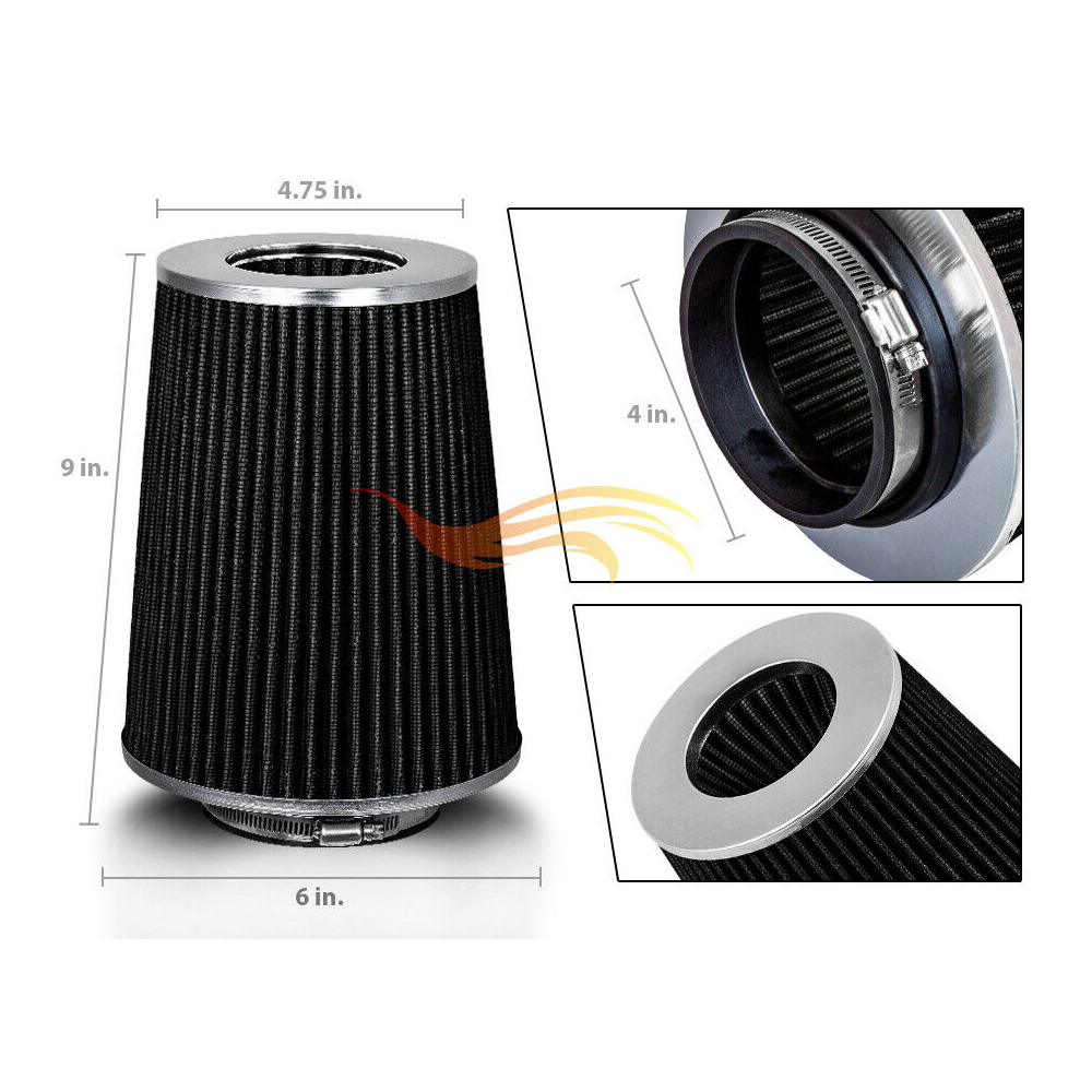 4" Black Truck Long Performance High Flow Cold Air Intake Cone Dry ...