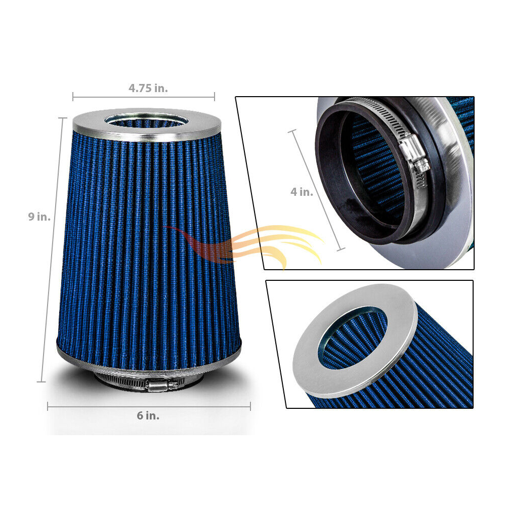 4" Blue Truck Long Performance High Flow Cold Air Intake Cone Dry ...