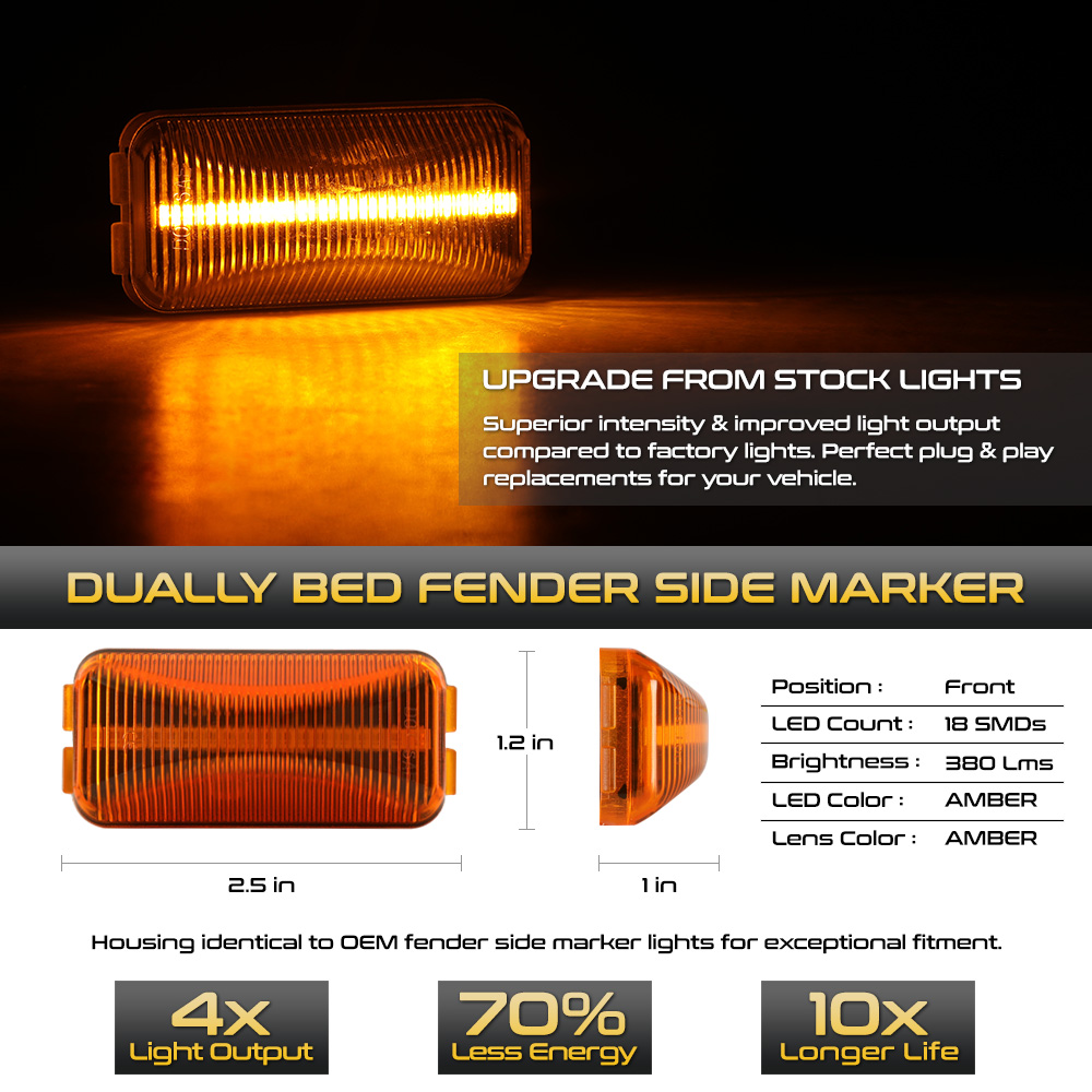 84-96 Ford F250 F350 Dually LED Dually Fender Marker Lights - Amber ...