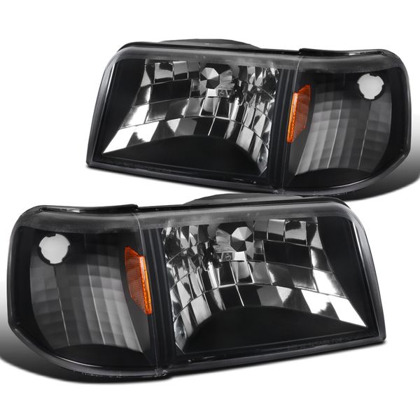 93-97 Ford Ranger Pickup 1-Piece Headlights w/ Corner - Black / Clear Lens