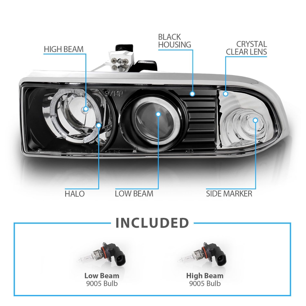 98-04 Chevy S10 Angel Eye Halo Projector Headlights - Black