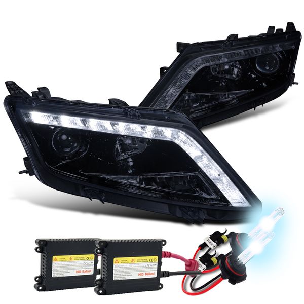 HID Xenon + 10-12 Ford Fusion LED DRL Strip Projector Headlights - Glossy B