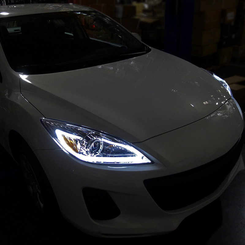 HID Xenon + 10-13 Mazda 3 LED DRL Strip Projector Headlights Chrome