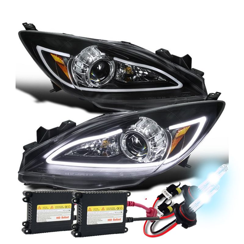HID Xenon + 2010-2013 Mazda 3 LED DRL Strip Projector Headlights - Black