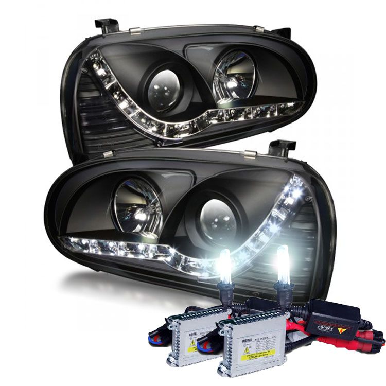 HID Xenon + 93-98 Volkswagen Golf MK3 LED DRL Projector Headlights - Black