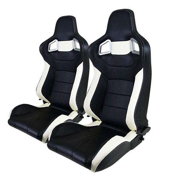 Pair JDM Black White PVC Leather Full Reclinable Racing Bucket Seats
