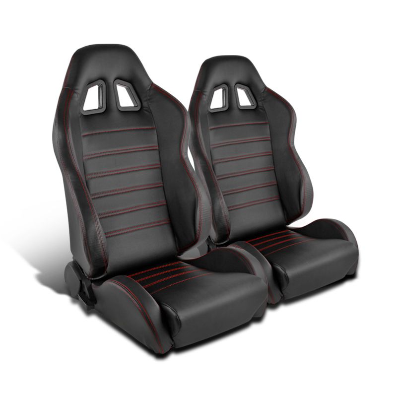 Pair JDM T-R Black PVC Red Stitch Driver+Passenger Side Racing Seats ...