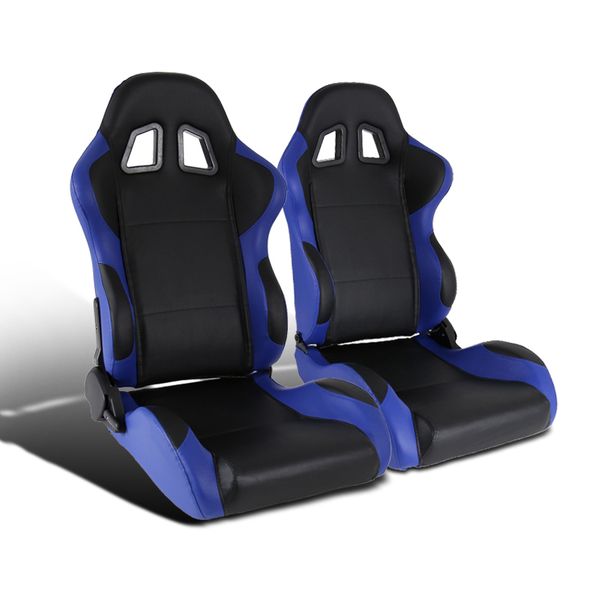 Pair of Black/Blue PVC Leather Full Reclinable Sports Racing Seats w ...