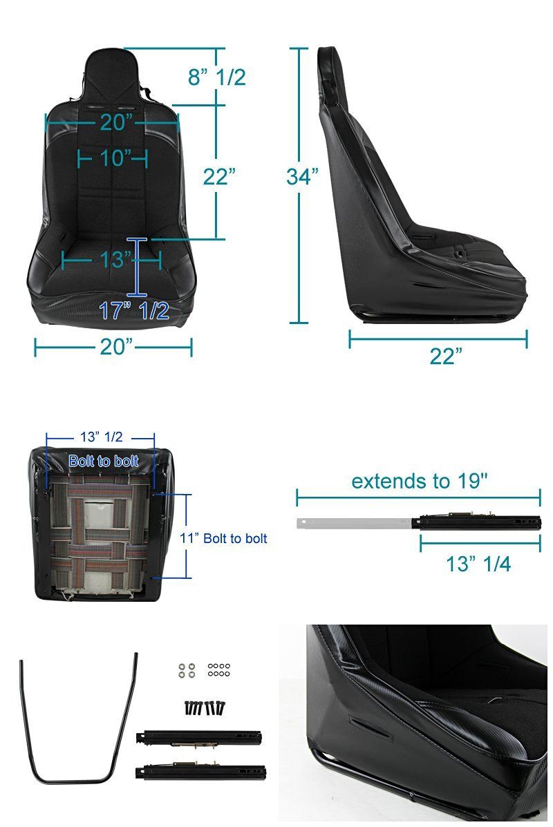 Pair Off Road Bucket Racing Style Carbon Fiber Pattern Black Seat+Sliders