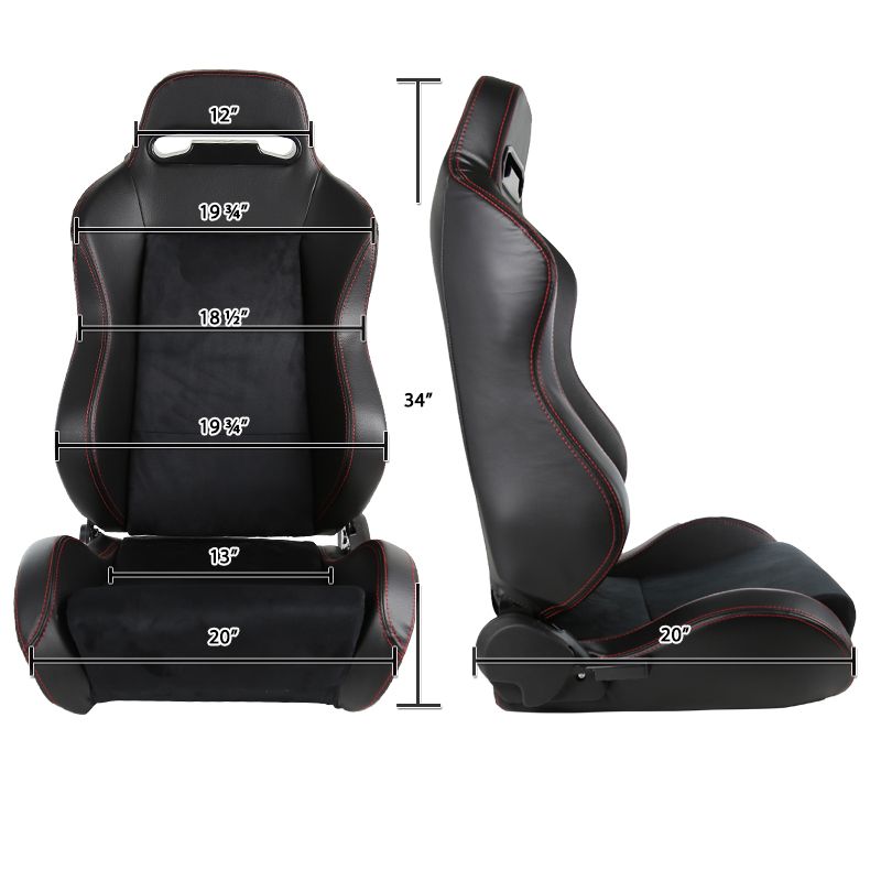Pair Suede Black PVC Leather Red Stitching Racing Seats