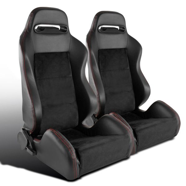 Pair Suede Black PVC Leather Red Stitching Racing Seats