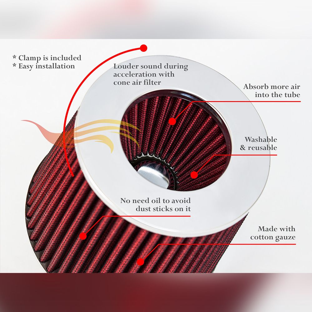 Red 3.5" 76Mm Inlet Cold Air Intake Cone Replacement Quality Dry Air ...
