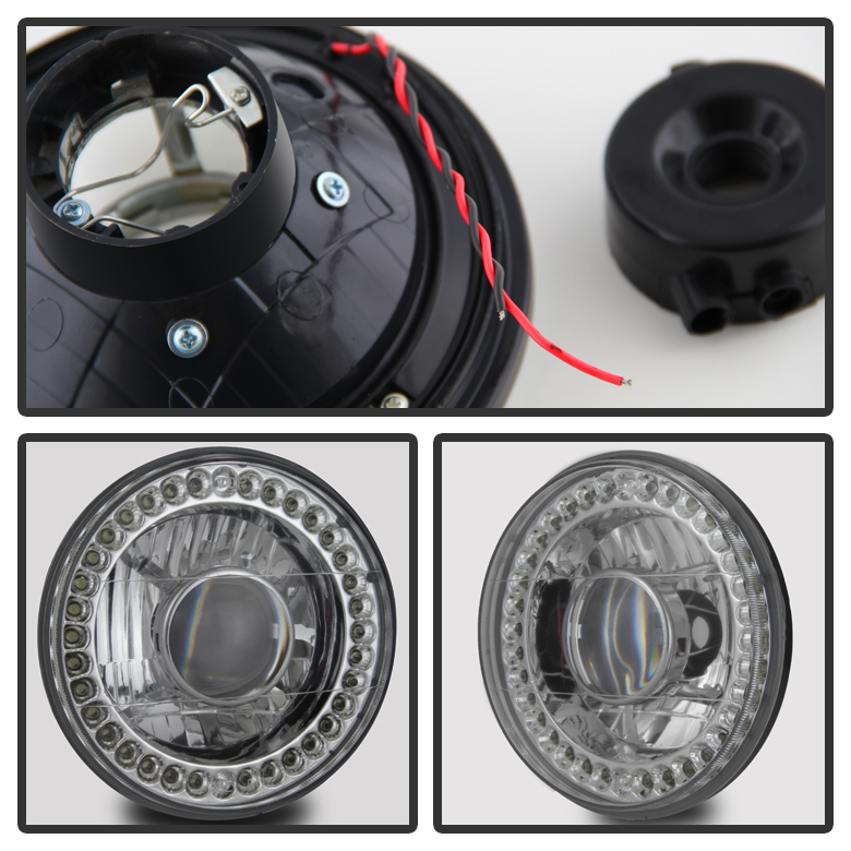 Universal 7" Round Sealed Beam Projector Headlights With LED Ring - Black