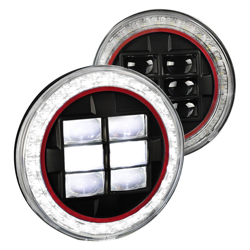 Universal 7" Seal Beam Halo LED-Powered w/ Red-Rim Headlights - Black