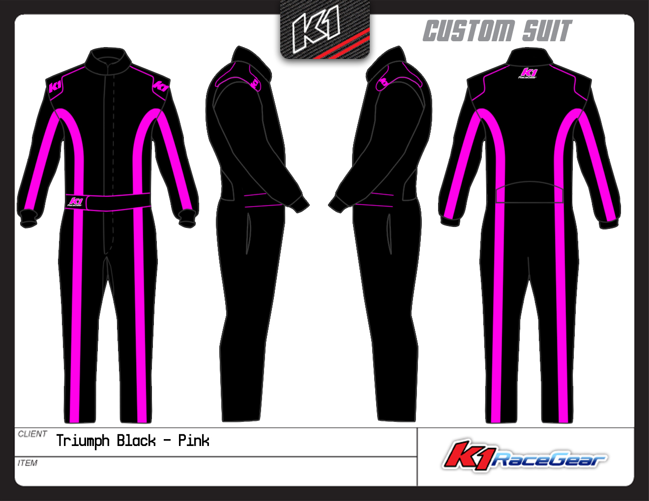 K1 RaceGear Junior Triumph Black and Pink SFI-1 Racing Suit