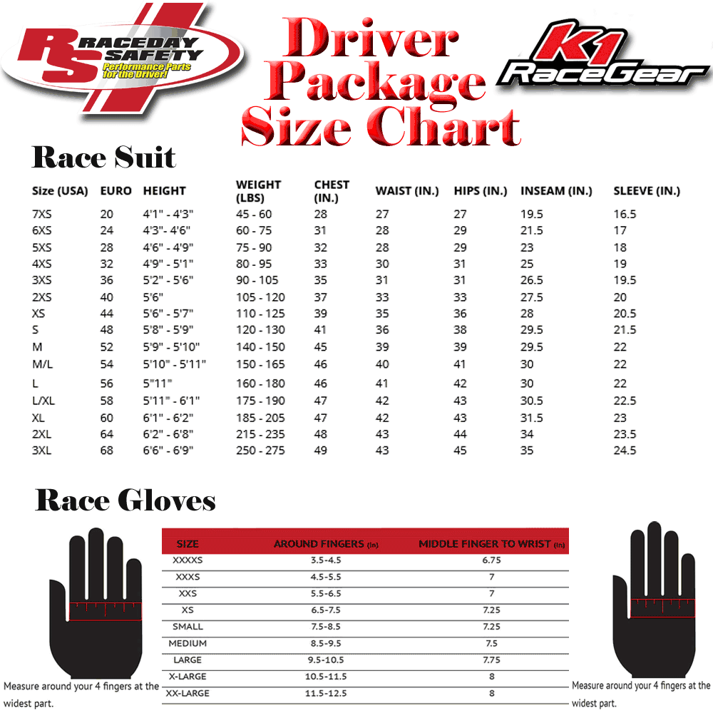 K1 Race Gear Driver Package Size Chart