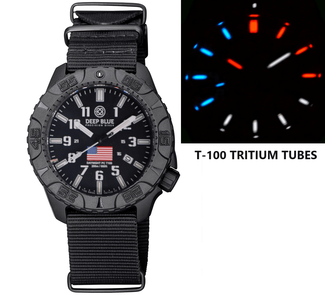 DAYNIGHT DIVER PC USA TRITIUM AUTOMATIC WATCH- STEALTH BEZEL - WHITE ...