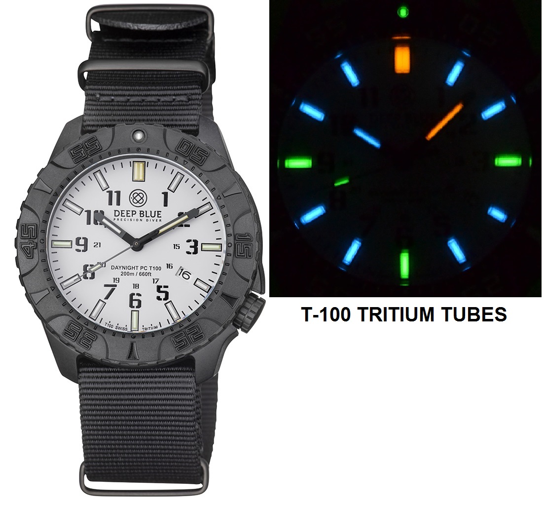 DAYNIGHT DIVER PC TRITIUM AUTOMATIC WATCH- STEALTH BEZEL - WHITE DIAL ...