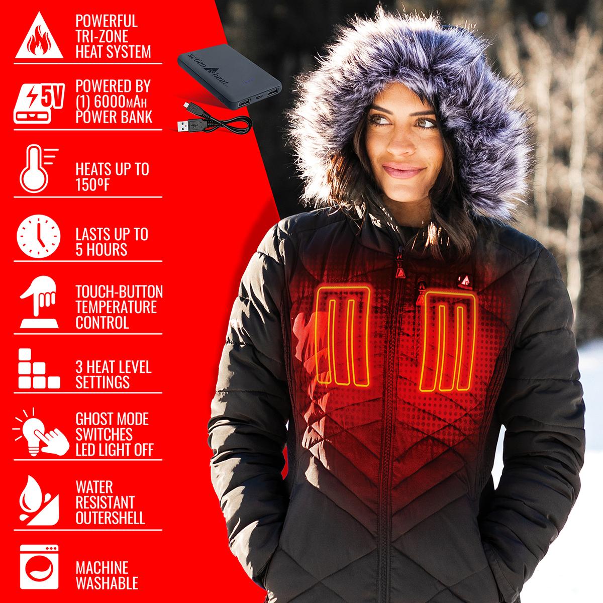 ActionHeat 5V Women's Heated Long Puffer Jacket W/ Hood - The Warming Store