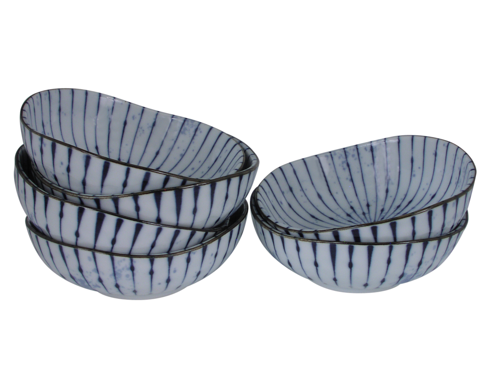 5-1/2 Inch Wabi-Sab Blue and White Japanese Bowls for Six