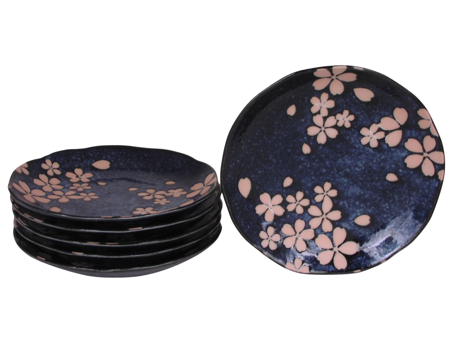 6-3/8 Inch Blue and Pink Sakura Japanese Ceramic Salad Plate Set of Six