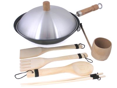 7 Piece 12 Inch Single Handle Natural Nonstick Flat Bottom Wok Set