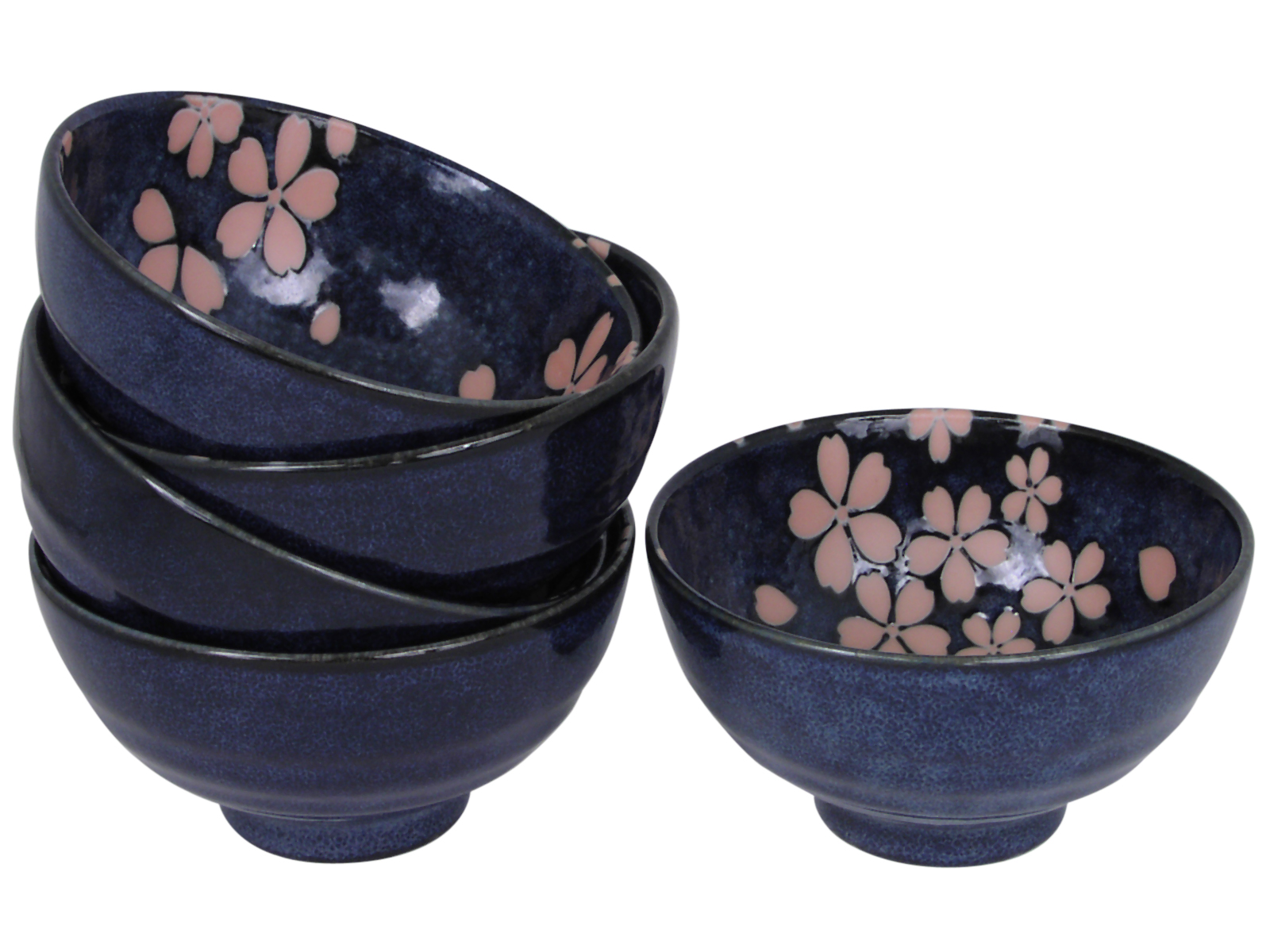 Blue and Pink Sakura Rice Bowl Set for Five