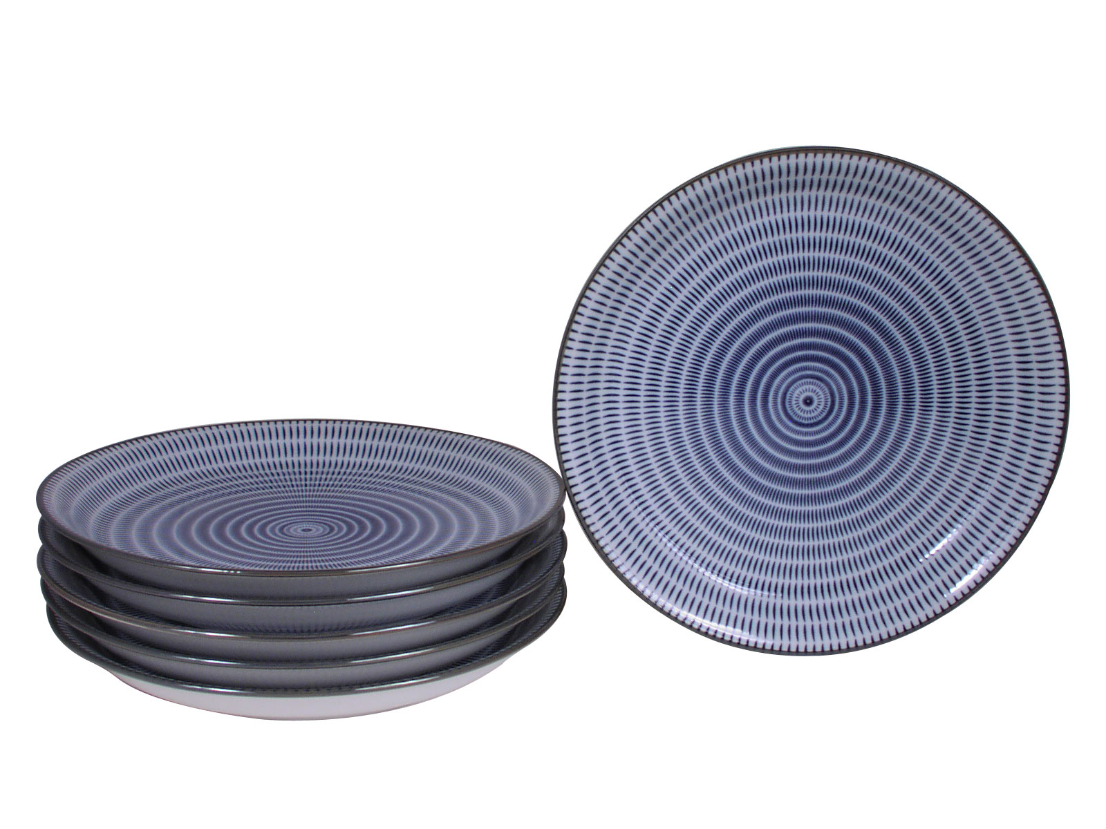 Blue and White Modern Spiral Japanese Plates Set for Six