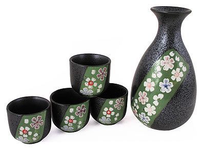 Cherry Blossoms Galore Forest Green and Metallic Glaze Sake Bottle Set