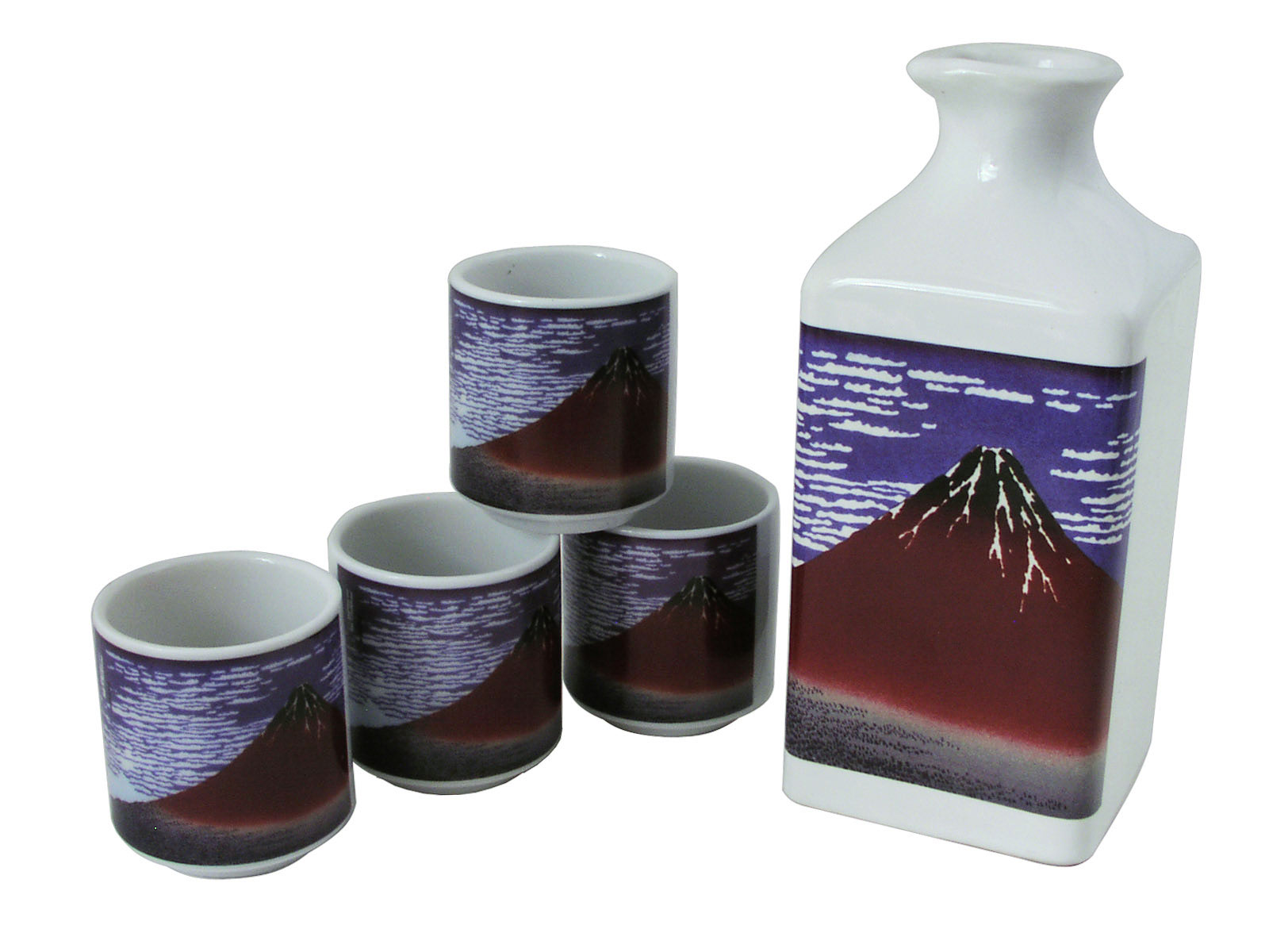 Hokusai Mount Fuji Print Sake Service Set for Four