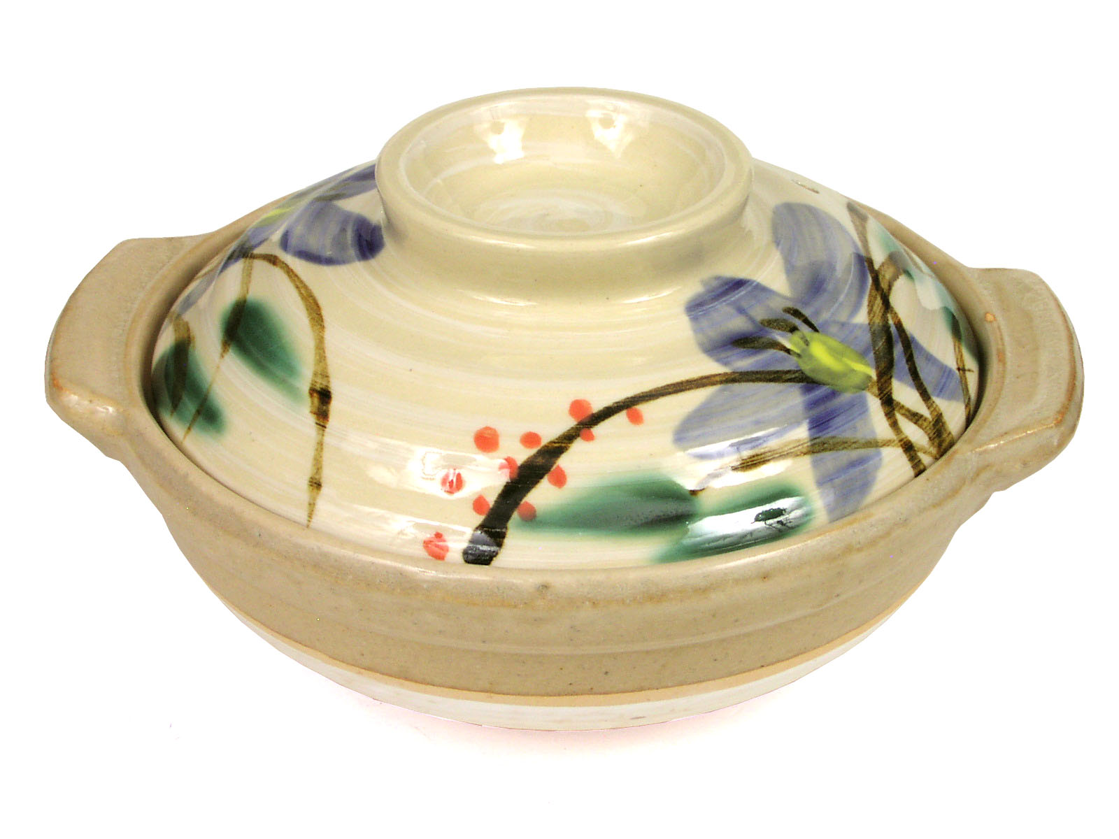 Large Floral and Cream Color Earthen Donabe Clay Pot
