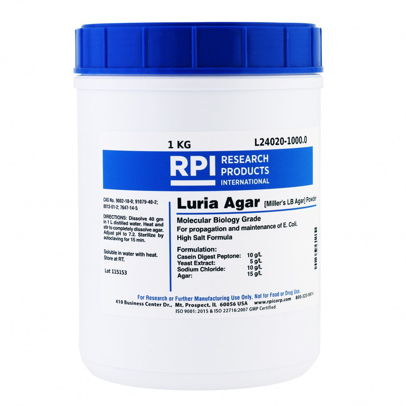 Luria Agar Powder [Miller's LB Agar], 1 Kilogram RPI-L24020-1000.0