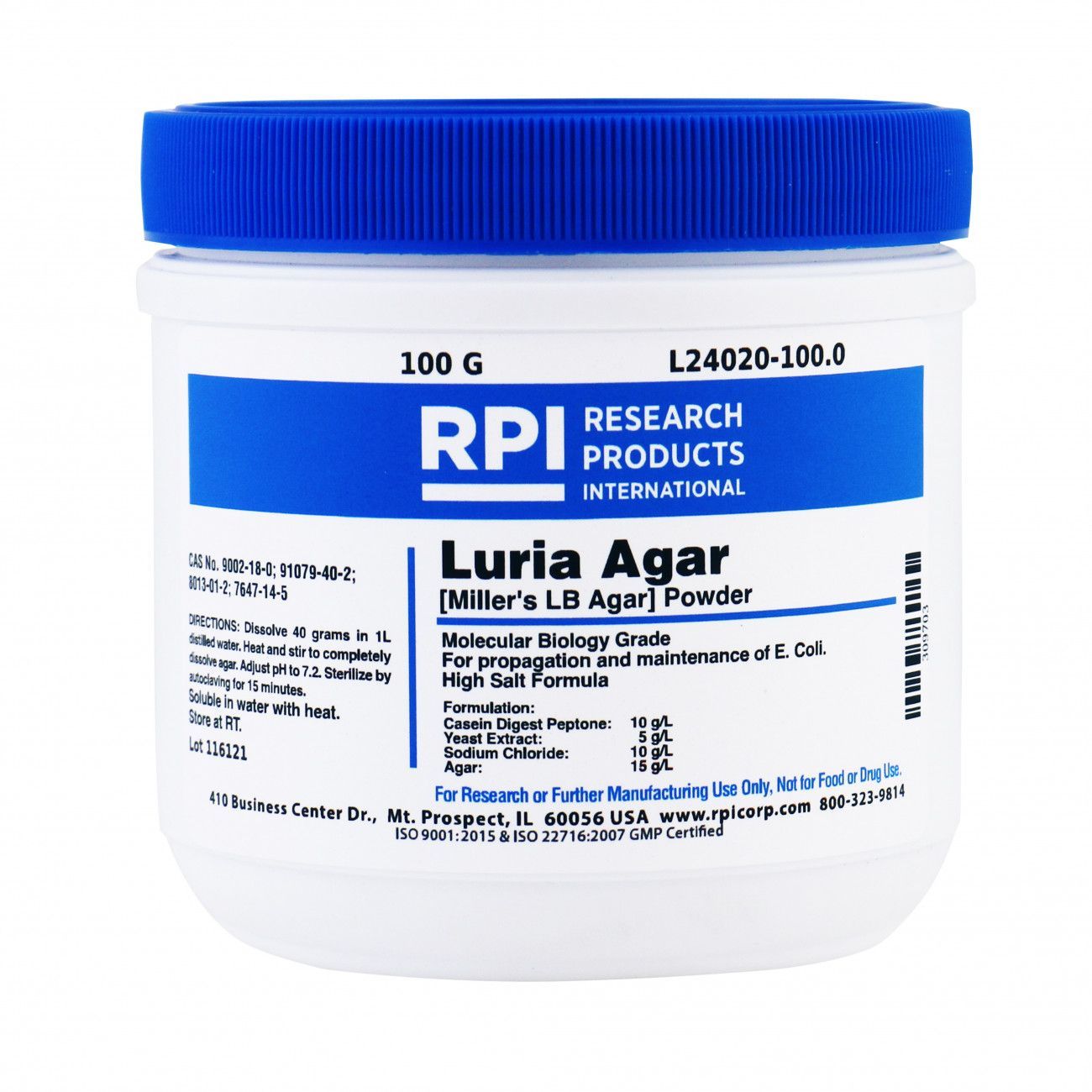 Luria Agar Powder [Miller's LB Agar], 100 Grams RPI-L24020-100.0