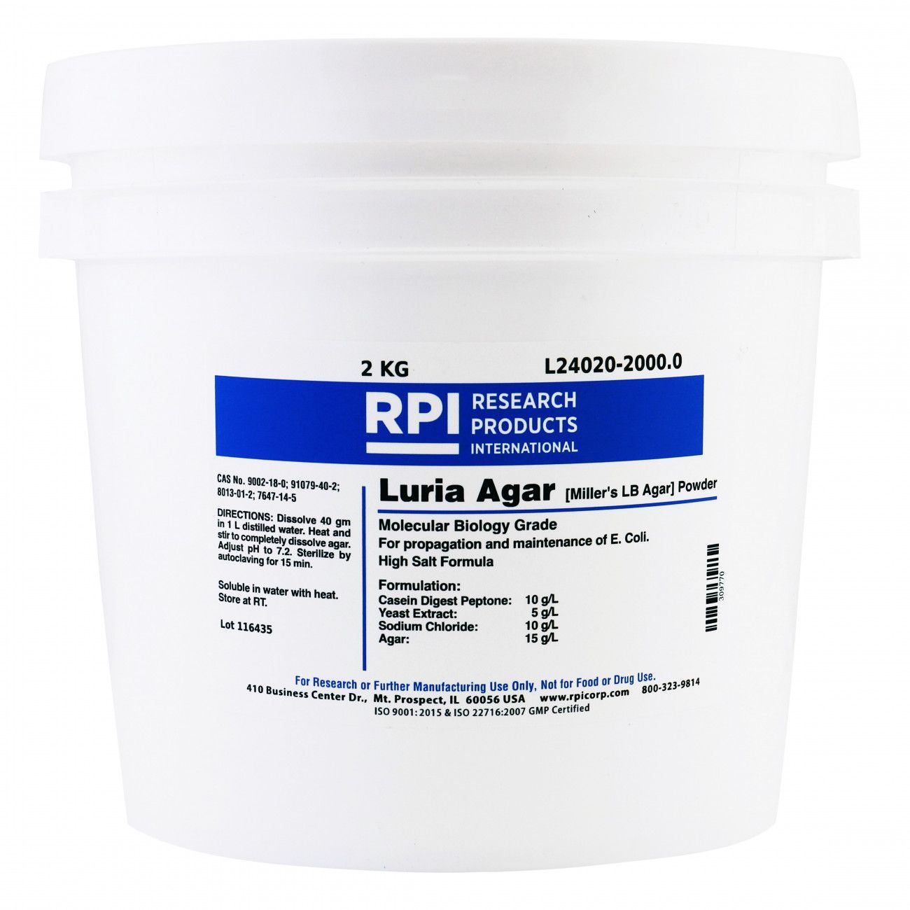 Luria Agar Powder [Miller's LB Agar], 2 Kilograms RPI-L24020-2000.0