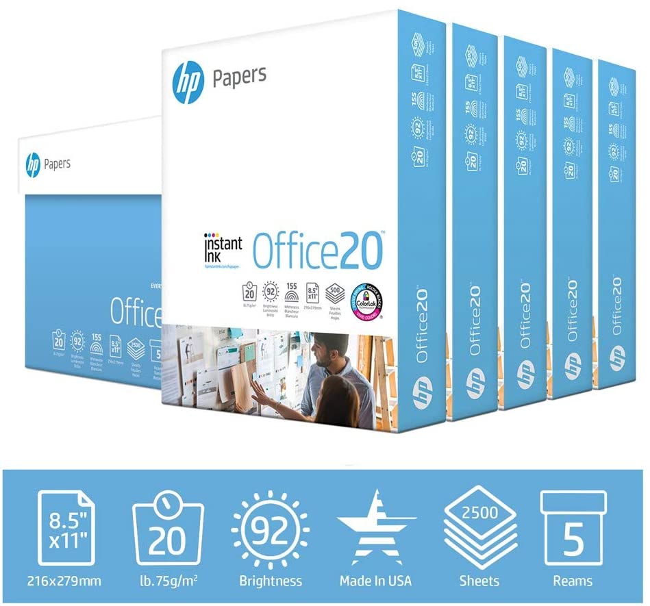 HP Paper Printer Paper 8.5x11 Office 20 lb 5 Ream Case 2500 Sheets 92 ...