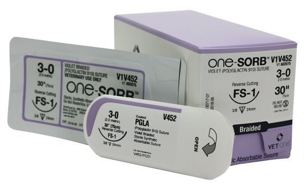 One-Sorb Synthetic Absorbable Suture #3-0, 27" Violet Coated Braided Polyglactin 910, 3/8 Circle ...